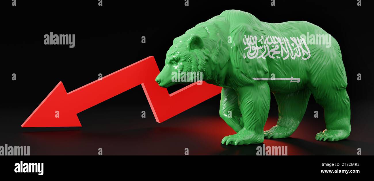 Banner of a bear with Saudi Arabia flag on plain empty black background ...