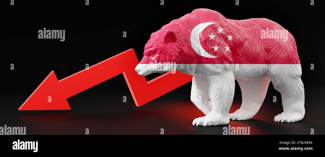 Horizontal banner of a bear with Singapore flag on plain empty black ...