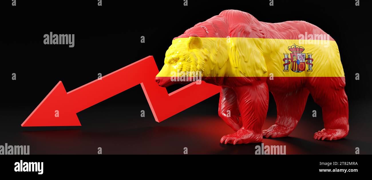 Horizontal banner of a bear with Spain flag on plain empty black ...