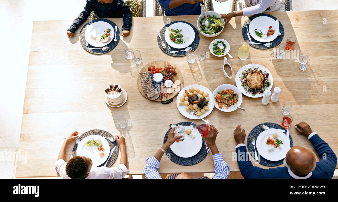 Table, happy family, and generations with food lunch, summer vacation ...