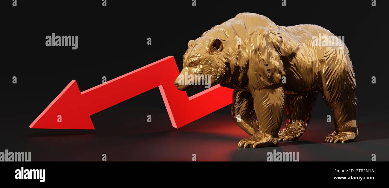 Horizontal banner of a golden bear statue on plain empty background ...