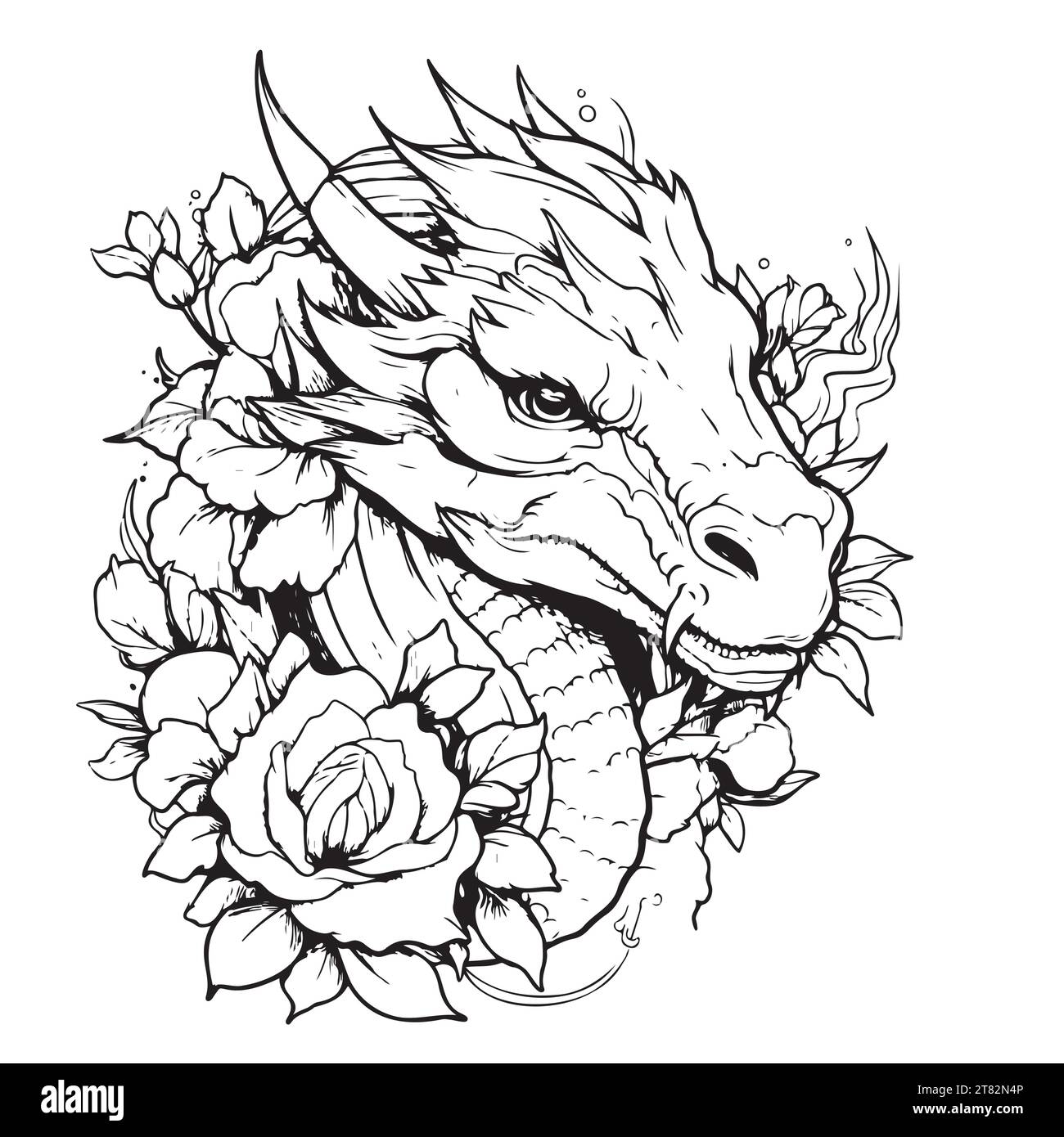 Dragon head in flowers, sketch drawn by hand. Symbol of the New Year ...