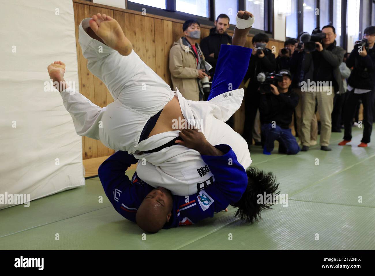 French judoka Teddy Riner practices in Hiratsuka, Kanagawa Prefecture ...