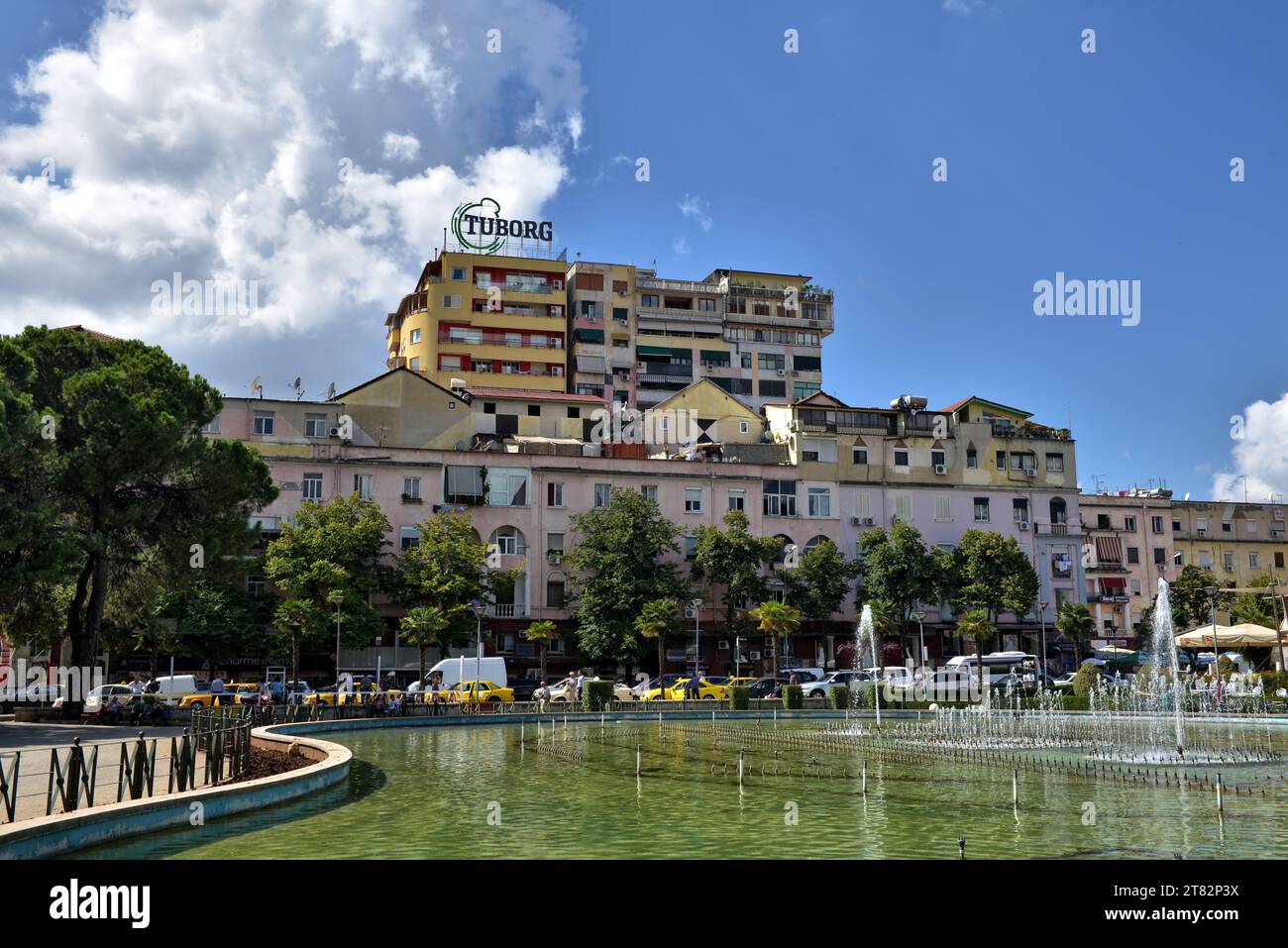 Fountain in Parku Rinia aka Taiwan Park and surrounding residential ...