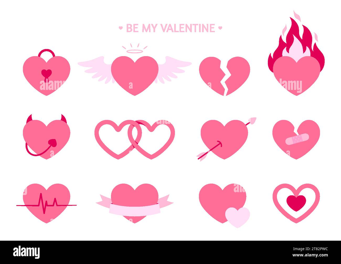 Love heart icon saint valentine day doodle flat set. Pink enchanted ...