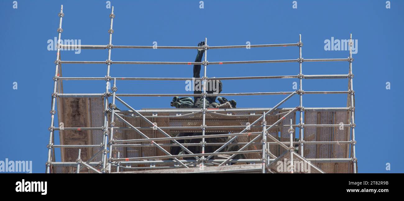 Cornice sculpture covered with scaffoldings. Heritage preservation ...