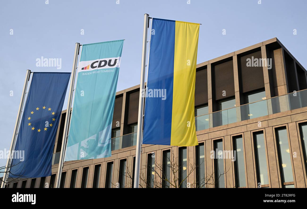 Reutlingen, Germany. 18th Nov, 2023. The flags of the EU, the CDU party ...