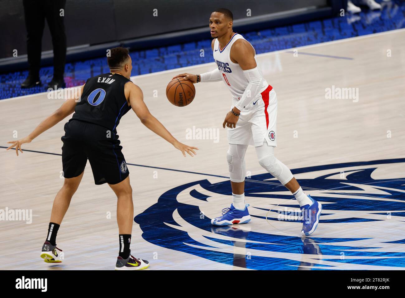 Los Angeles Clippers guard Russell Westbrook (0) brings the ball up ...