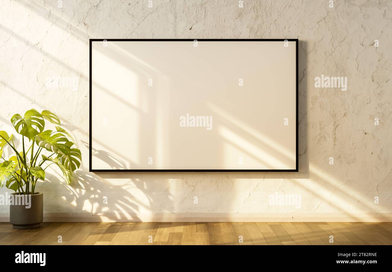 Mockup poster frame. room with window shadow and frame on beige wall ...