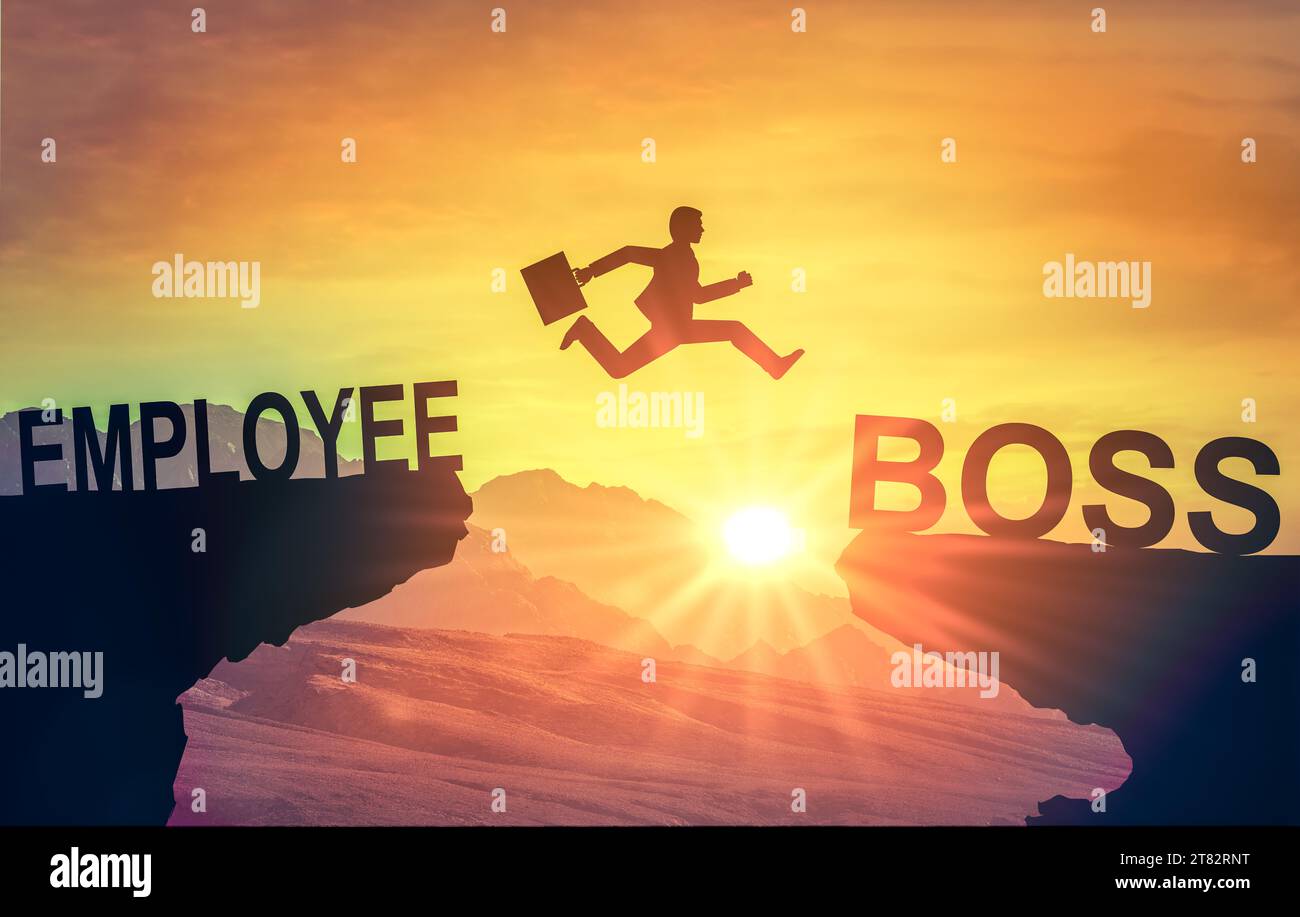 Career jump. Silhouette of man jumping from employee cliff to manager ...