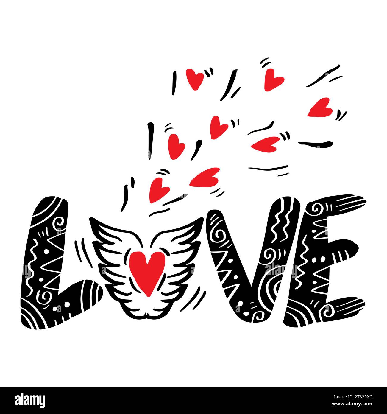 Love text, hand drawn lettering with wings and heart shape Stock Photo ...