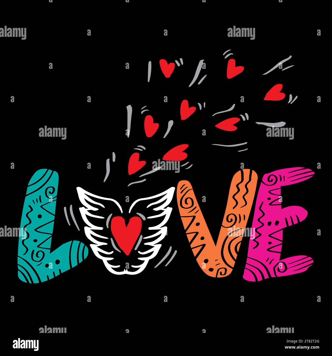 Love text, hand drawn lettering with wings and heart shape Stock Photo ...