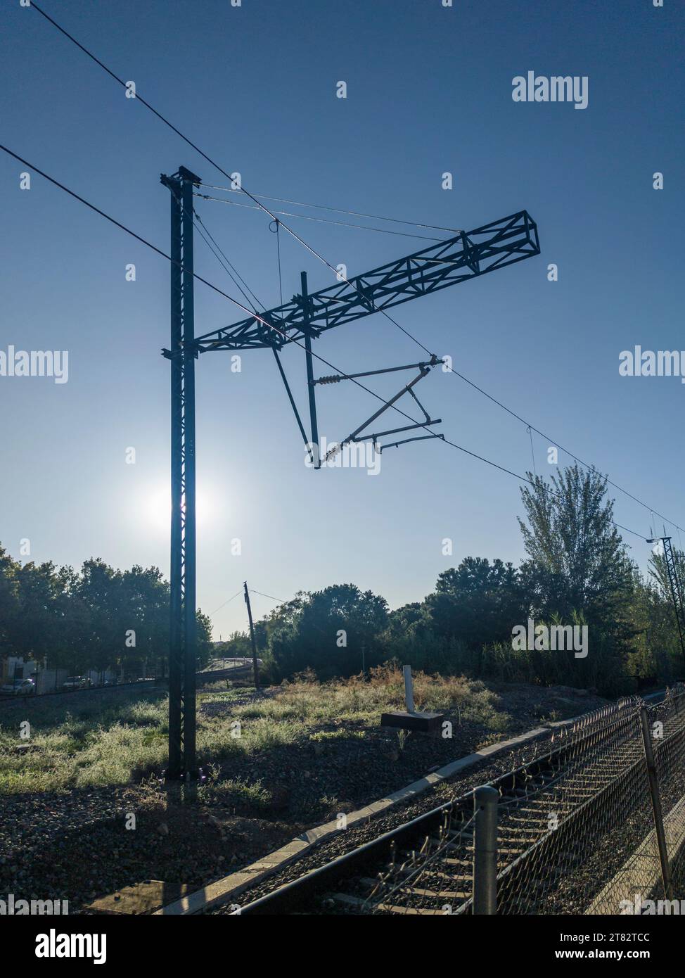Overhead line of the high-speed train passing through Merida, Spain ...
