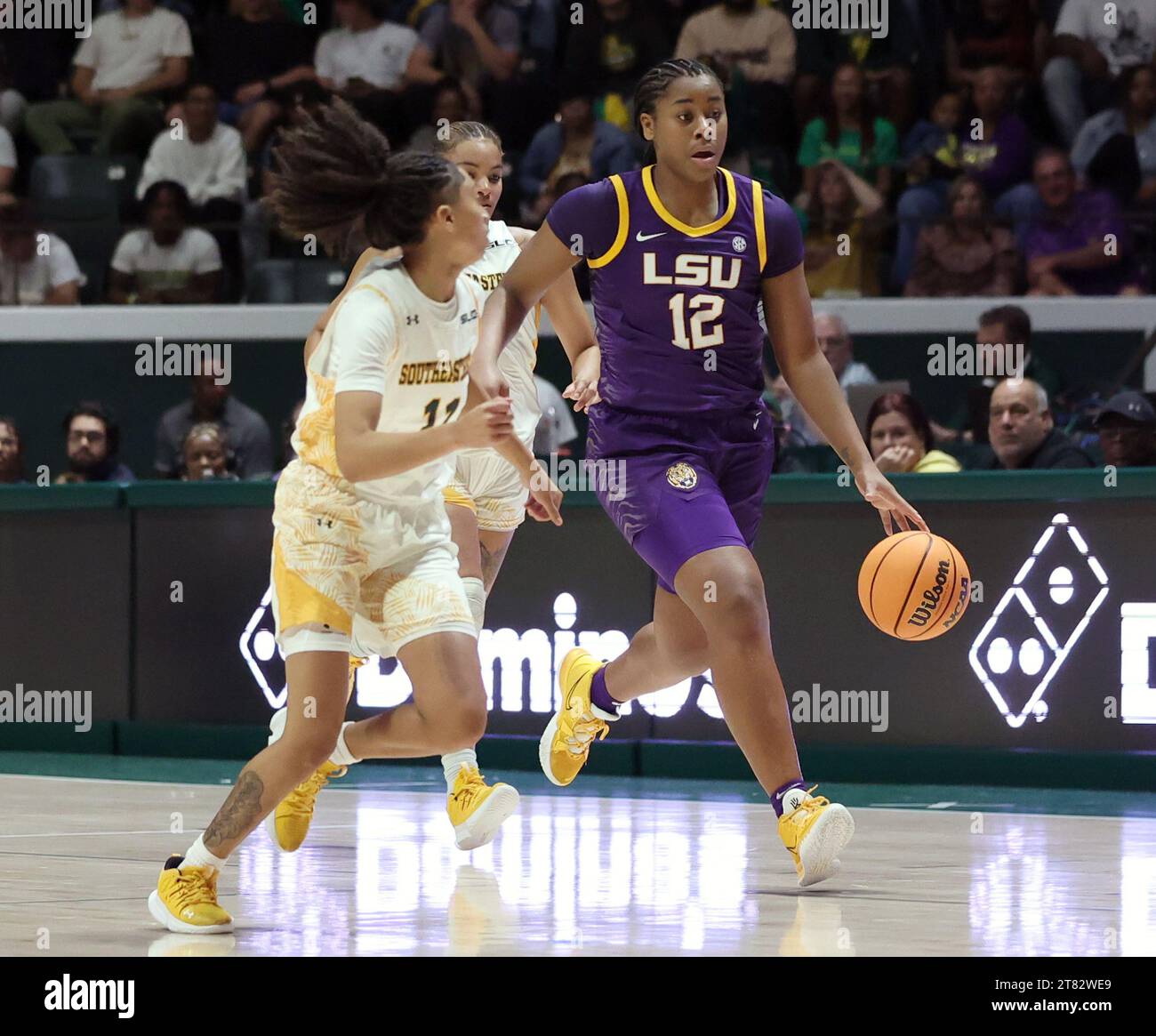 LSU Lady Tigers guard Mikaylah Williams (12) tries to drive past SE ...