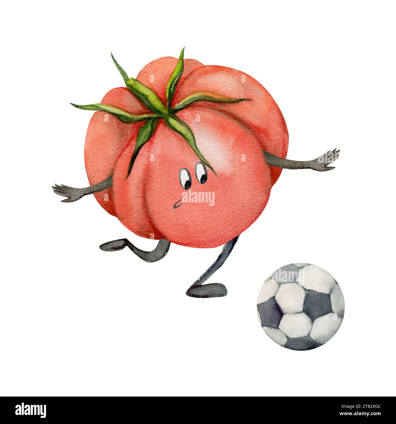 Hand drawn watercolor tomato character playing soccer football, kicking ...