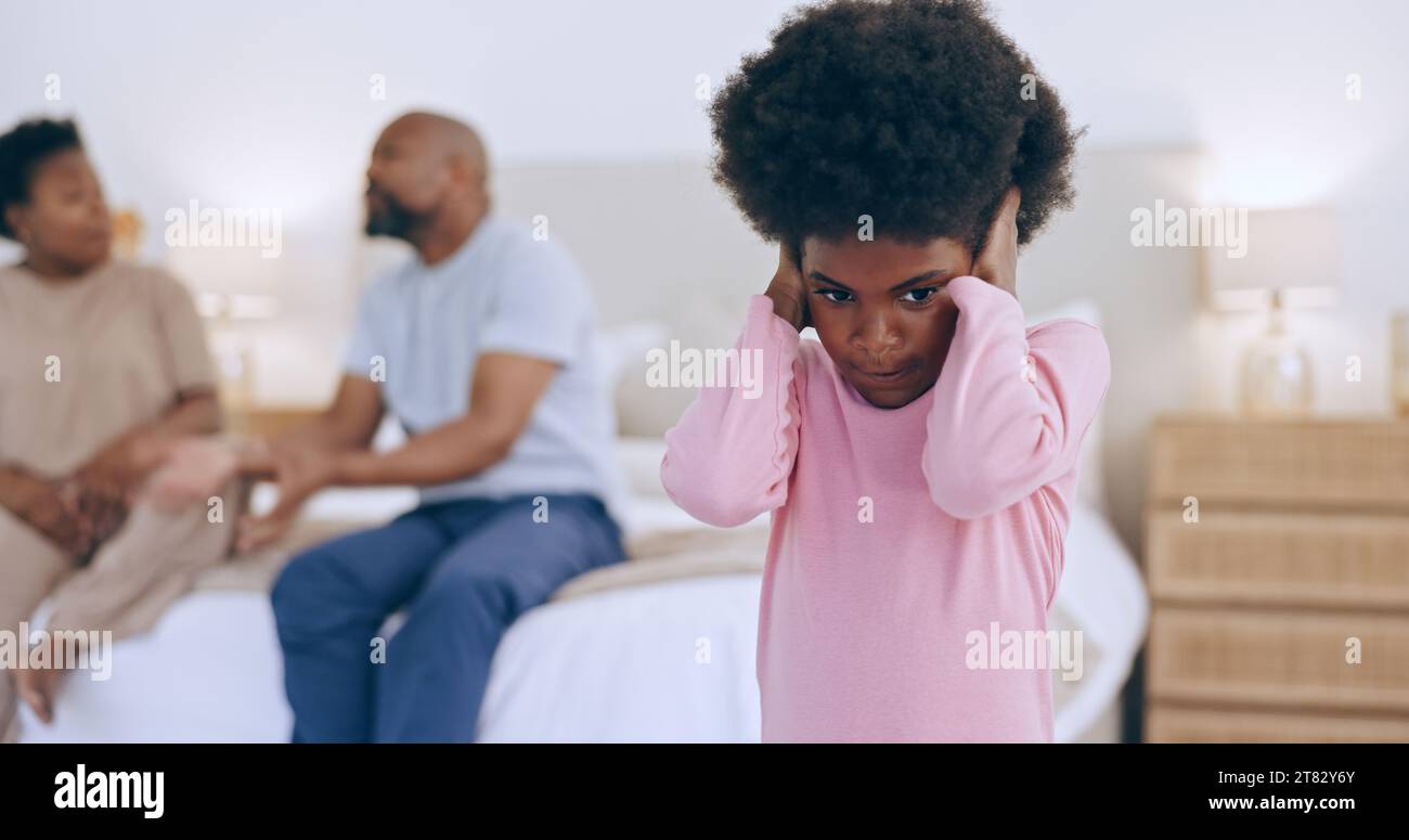 Scared kid, angry parents or divorce in fight or home bedroom with ...