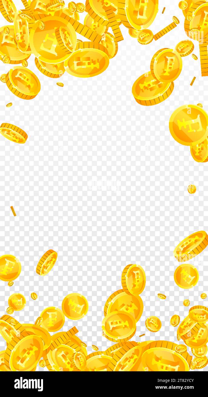 Swiss franc coins falling. Gold scattered CHF coins. Switzerland money ...