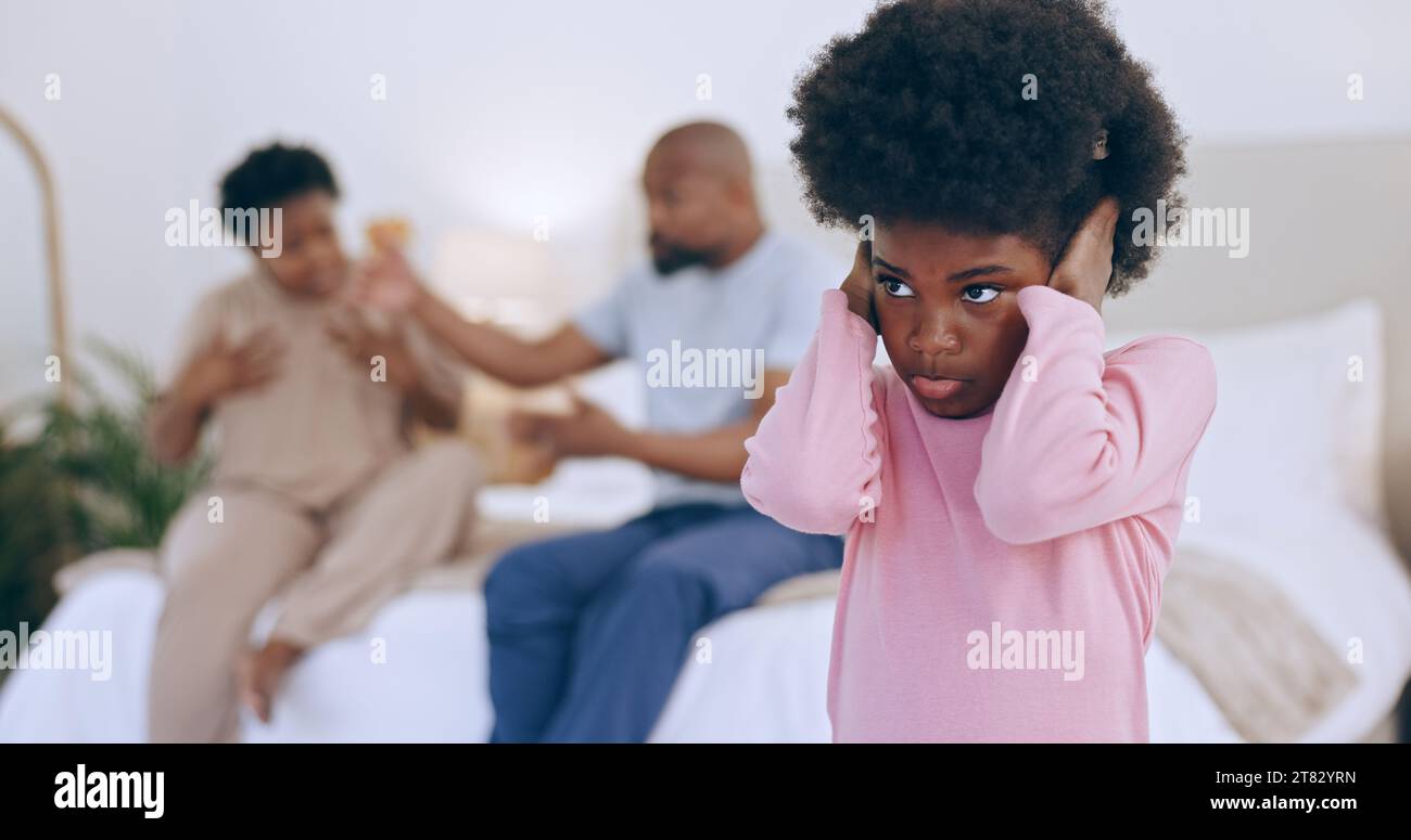 Child, close ears and parents fighting in bedroom, argue and shout for crisis, disagree and ...