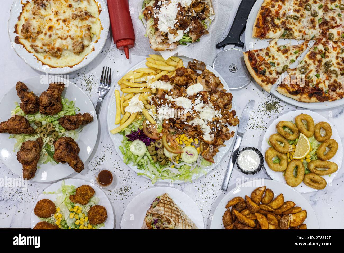 An overhead view of variety of Pakistani fast food dishes Stock Photo ...