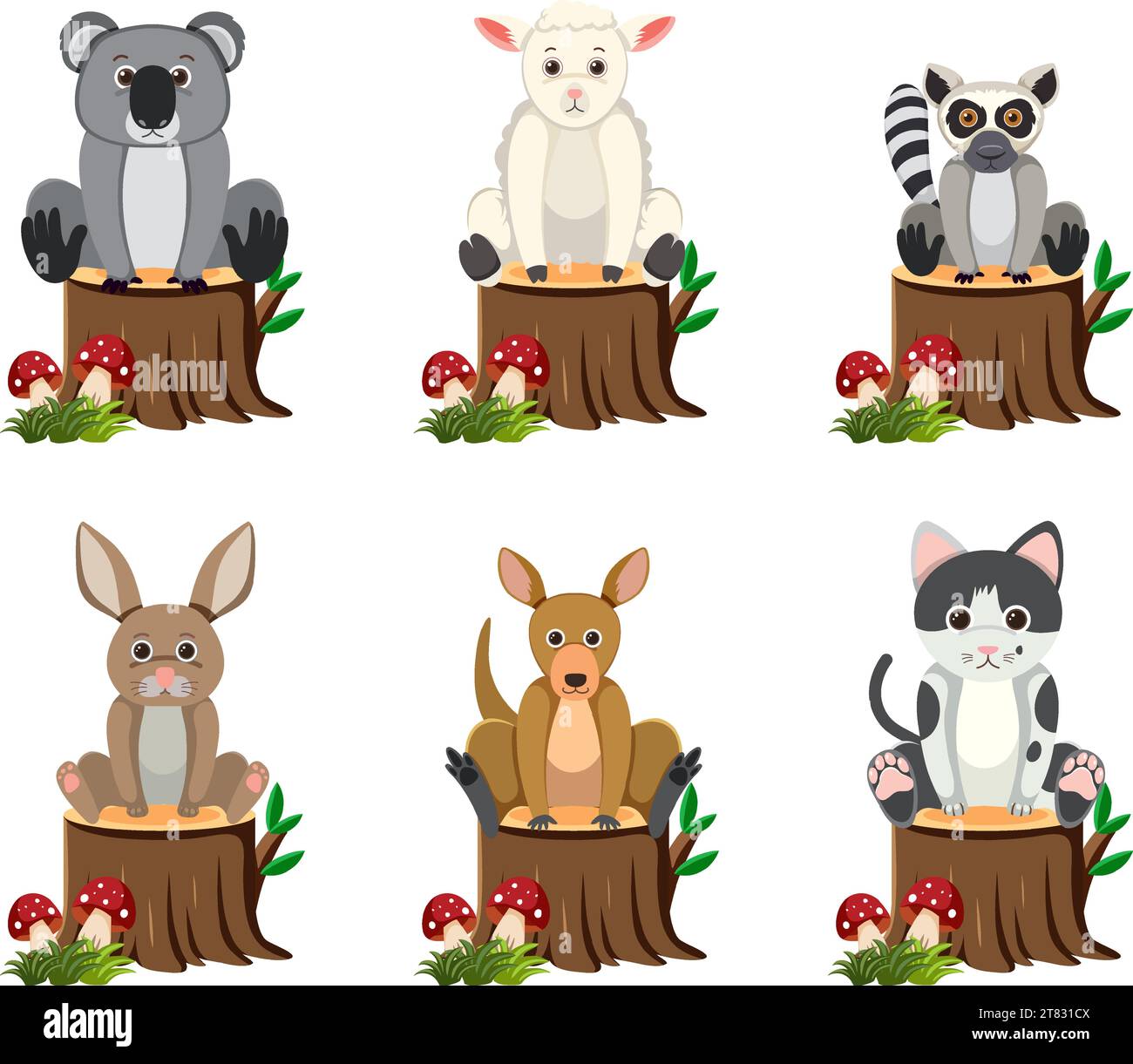 Vector cartoon illustration of various wild animals sitting on a tree ...