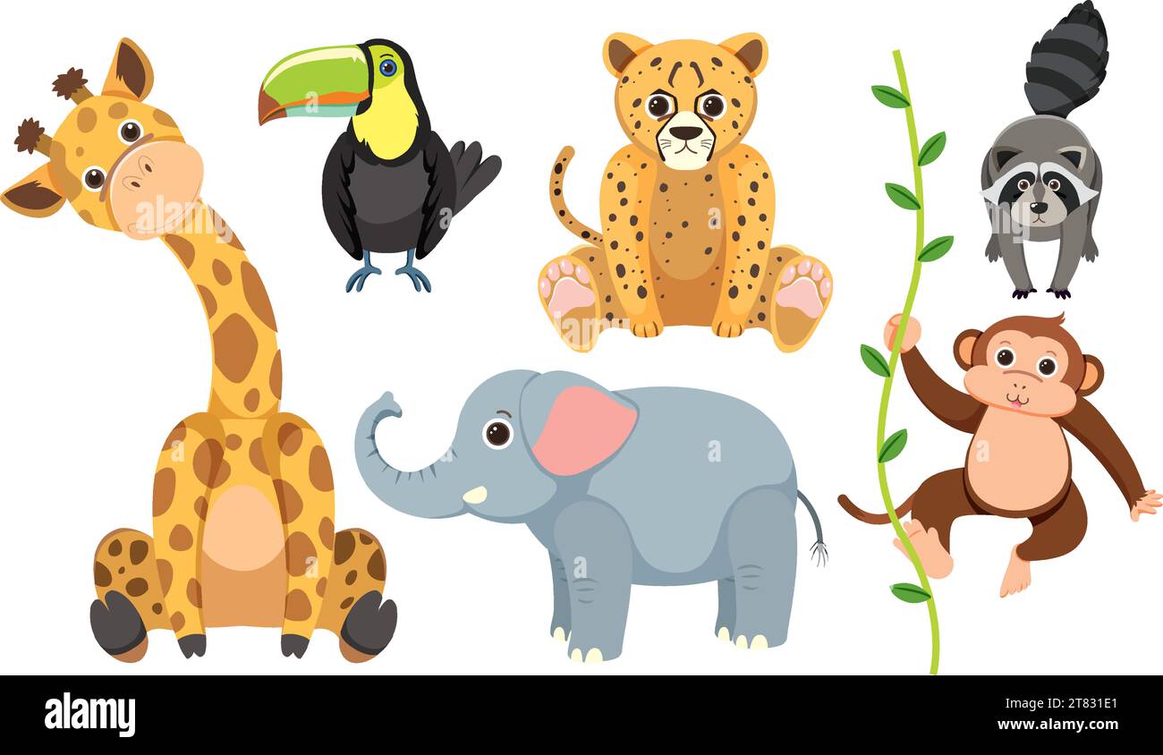 A group of wild animals depicted in a simple cartoon illustration Stock ...