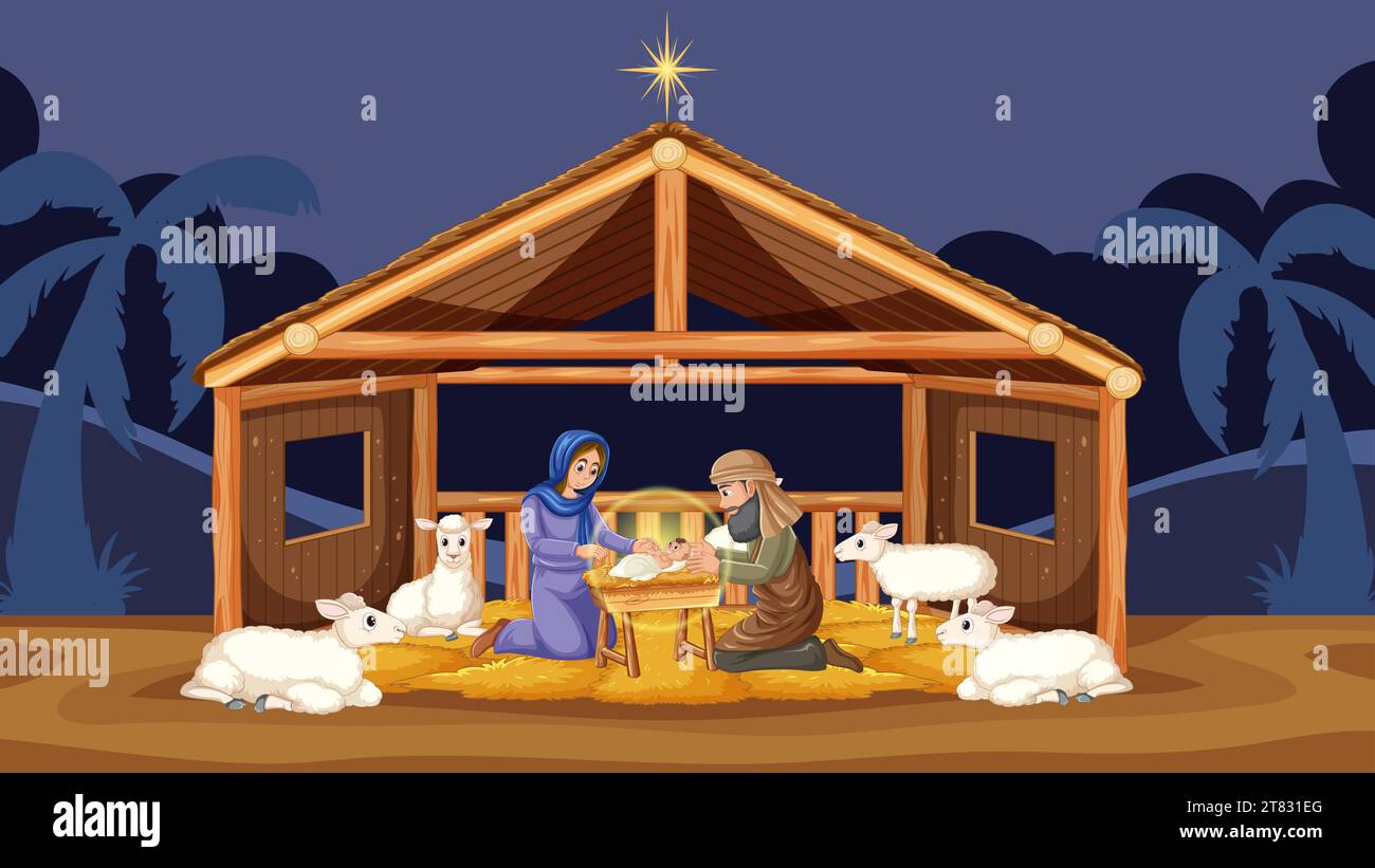 Mary giving birth to Jesus surrounded by sheep and Joseph in a cartoon ...