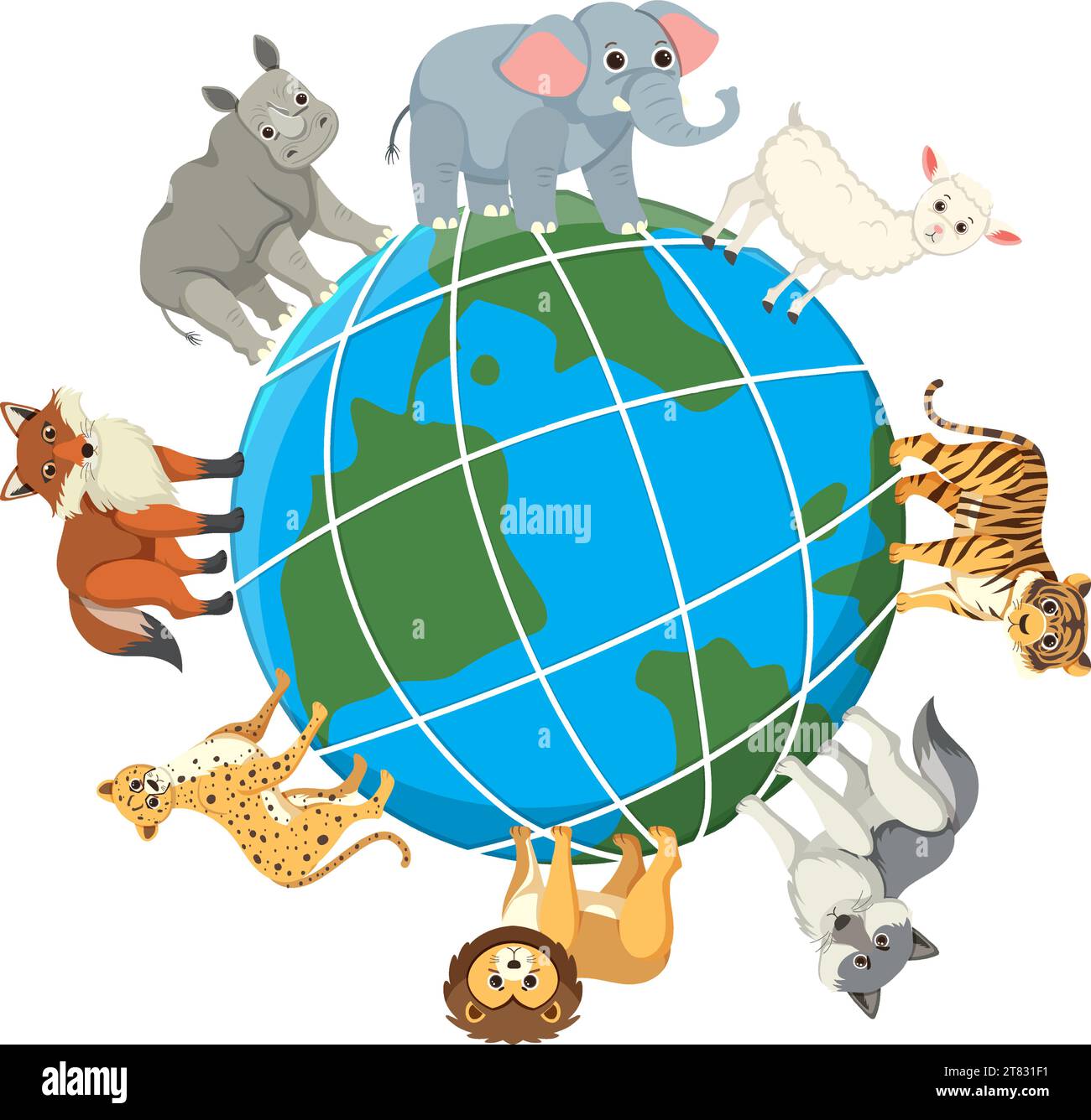 Vector cartoon illustration of wild animals standing together worldwide ...