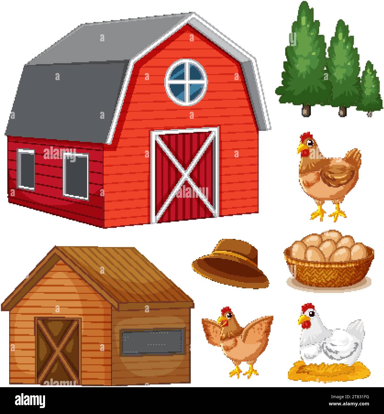 A delightful cartoon illustration of a chicken farm with a hen and an ...