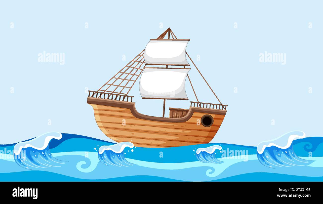 A vector cartoon illustration of a boat sailing on the open ocean with ...