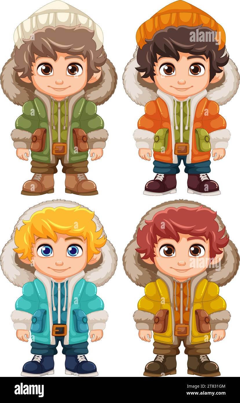 Adorable cartoon character dressed for winter in puffer jacket, beanie ...
