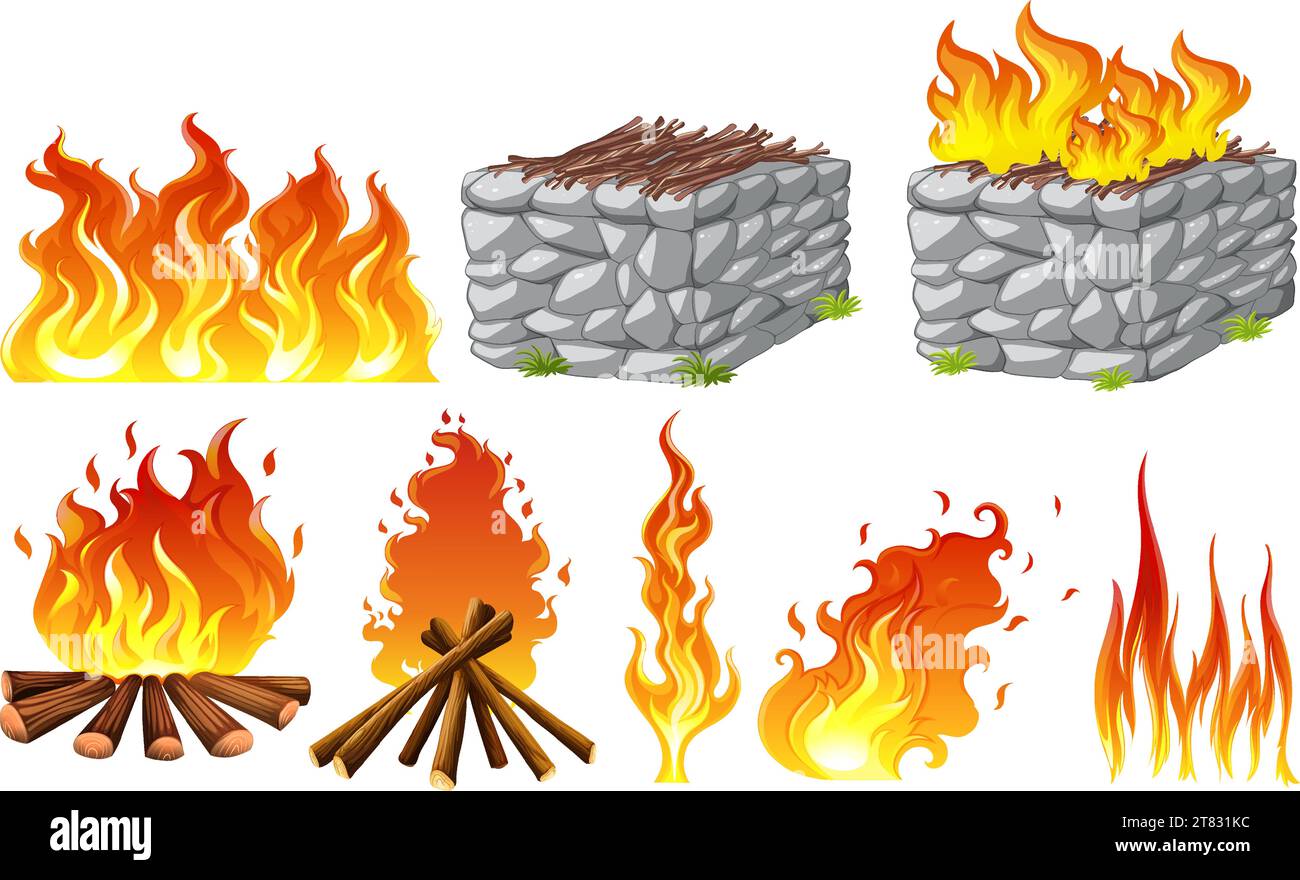 A collection of vector illustrations depicting bonfires in a cartoon ...