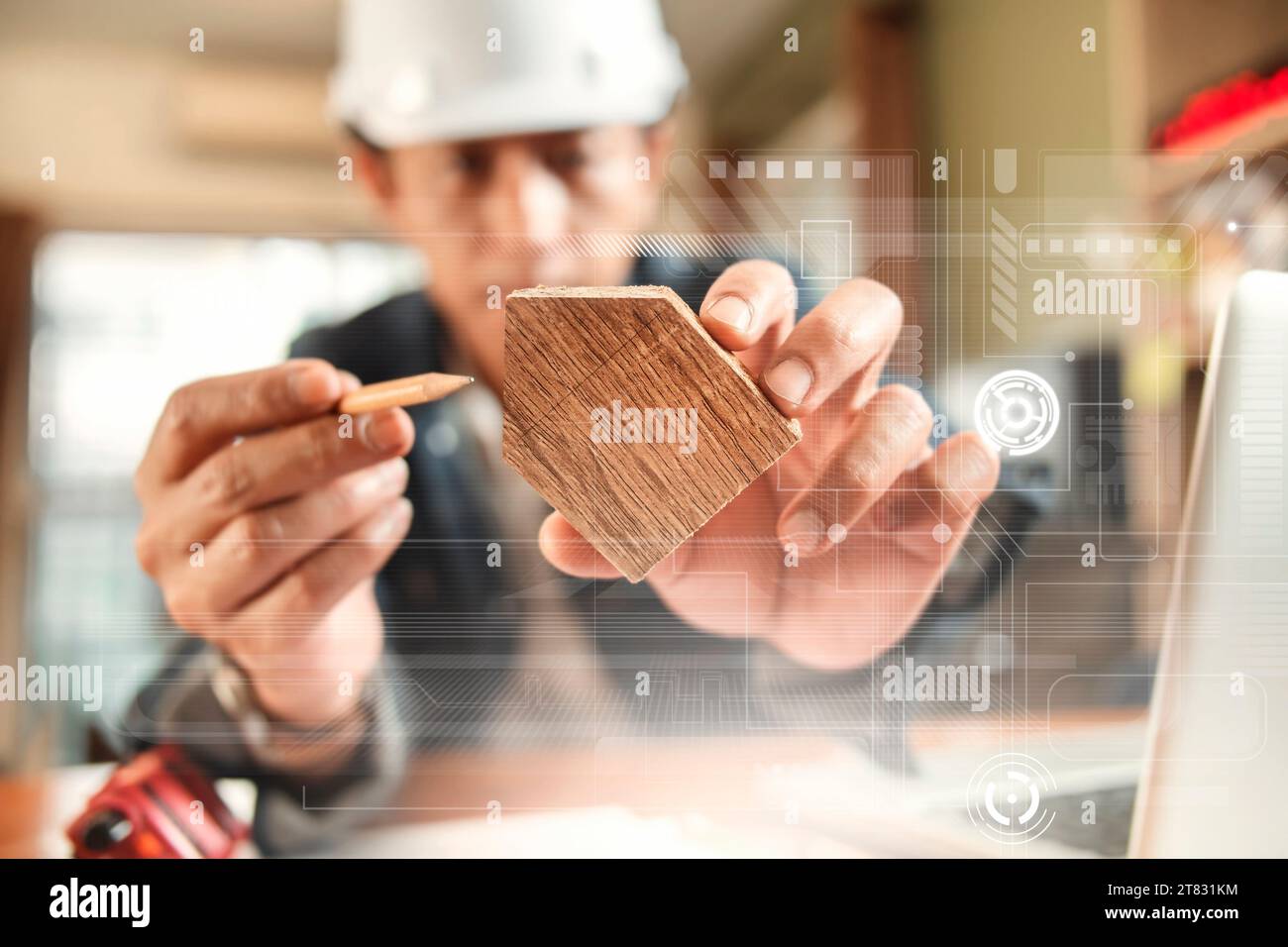 Engineer or Architect uses pencil pointing to wooden home model for ...