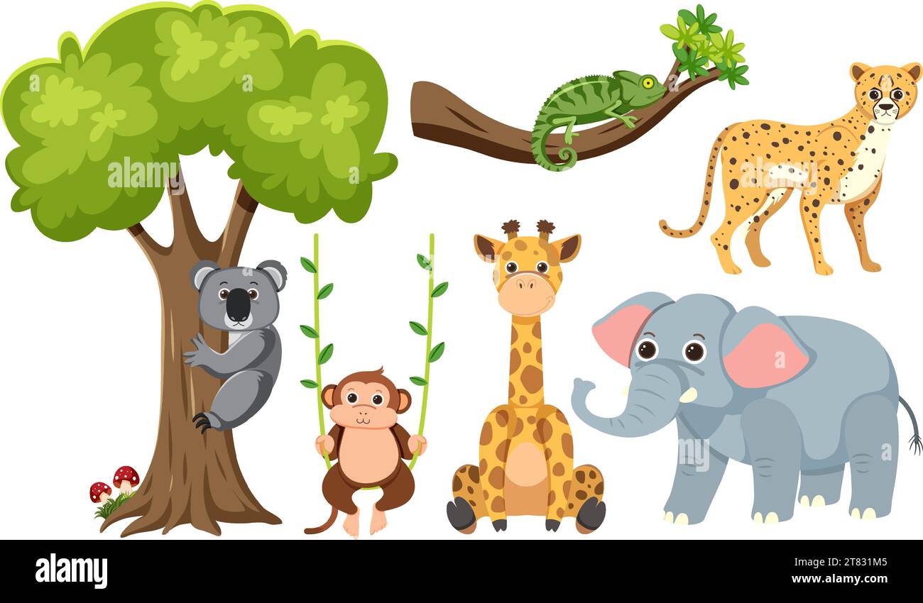 A vector cartoon illustration of various wild animals with a tree Stock ...