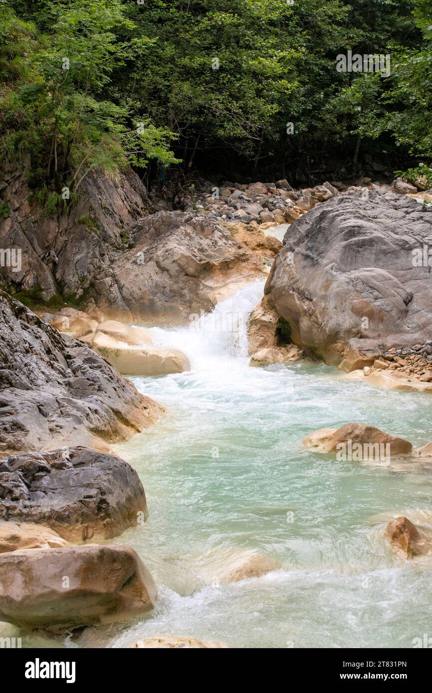 Blue lake in Giresun. The river flows blue due to soda water. Kuzalan ...