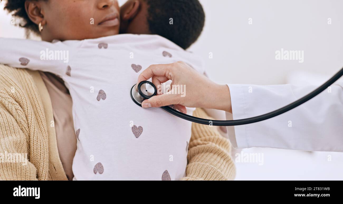 Stethoscope, doctor and black mother with child, healthcare and checkup ...
