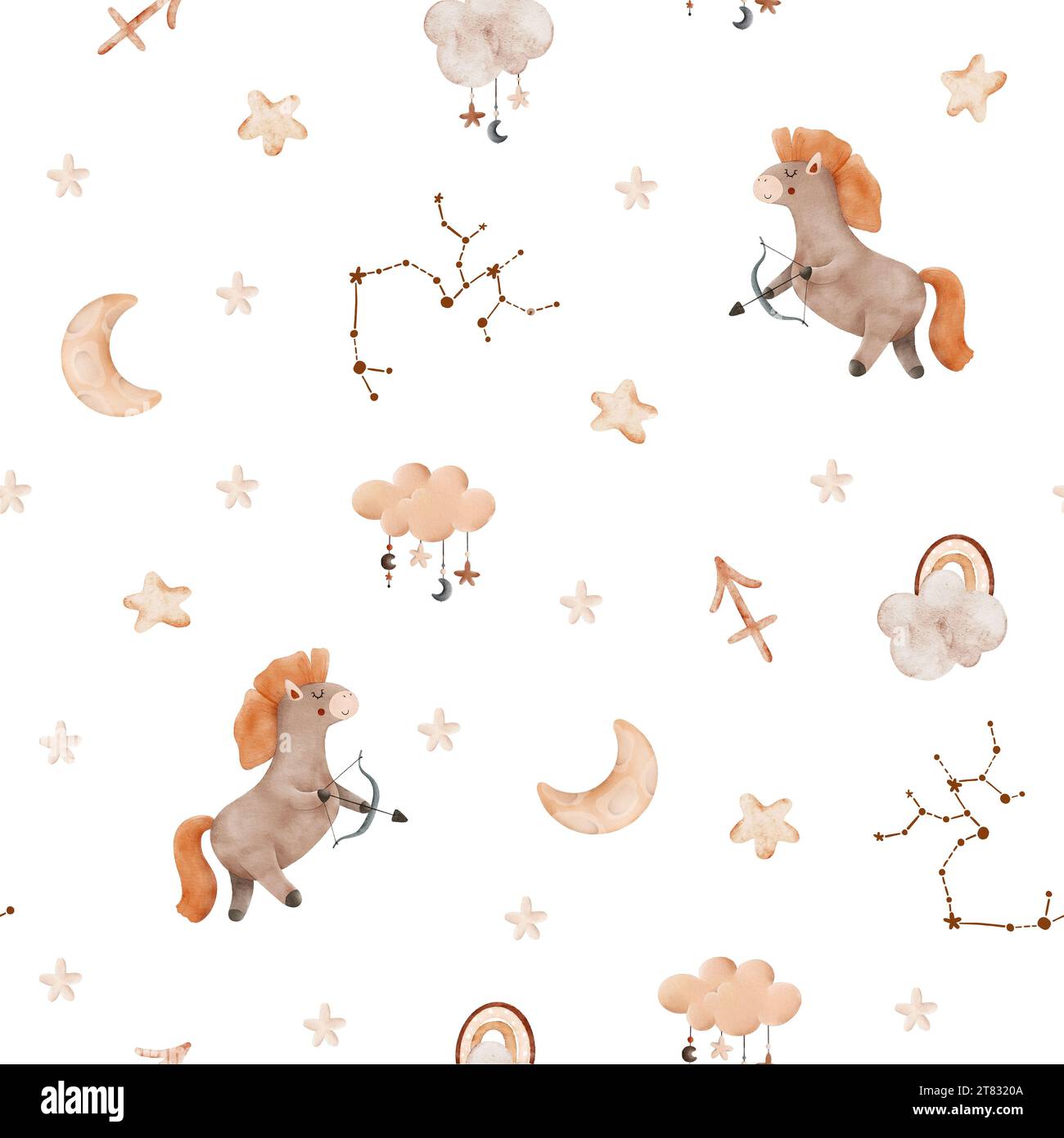 Watercolor seamless pattern with zodiac sign Sagittarius, cloud, stars ...