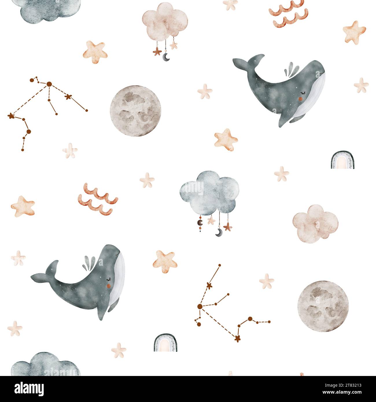 Watercolor seamless pattern with zodiac sign Aquarius, cloud, stars ...