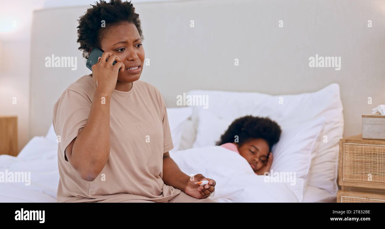 Sick, child and mom with worry and phone call to doctor with thermometer and telehealth advice ...