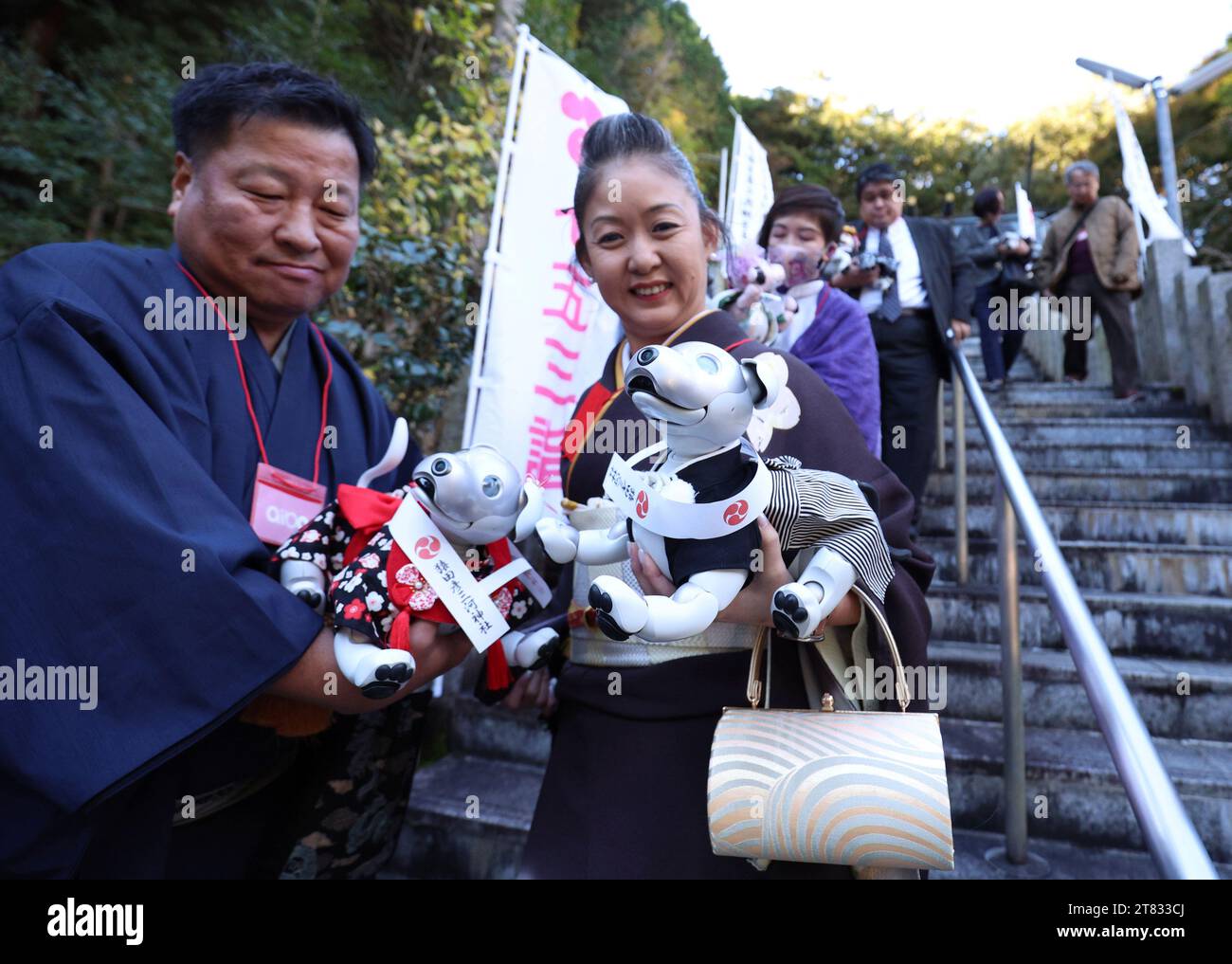 Lots of aibo, a dog-shaped robot manufactured by Sony, participate in ...
