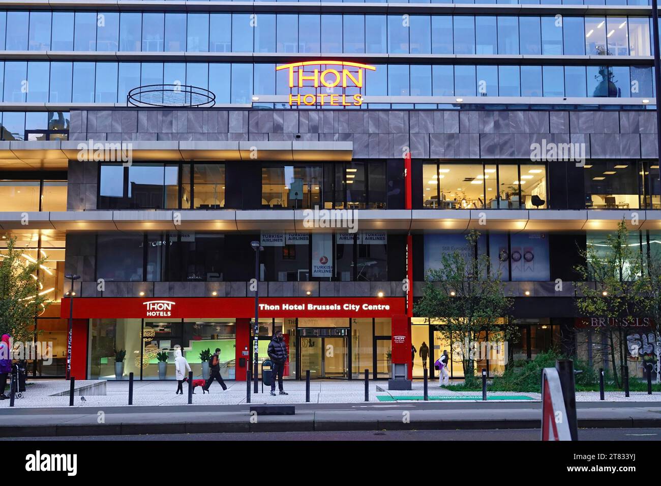 Natural closeup on the large modern Thon hotel entrance at the Brussels North district in Rogier ...