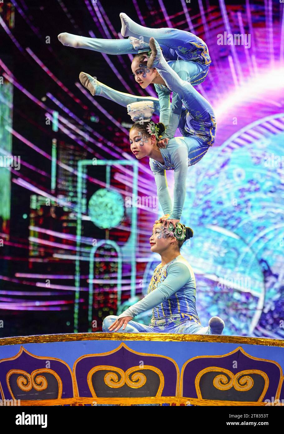 Beijing, China. 17th Nov, 2023. Actors perform during an acrobatic show in Beijing, capital of ...