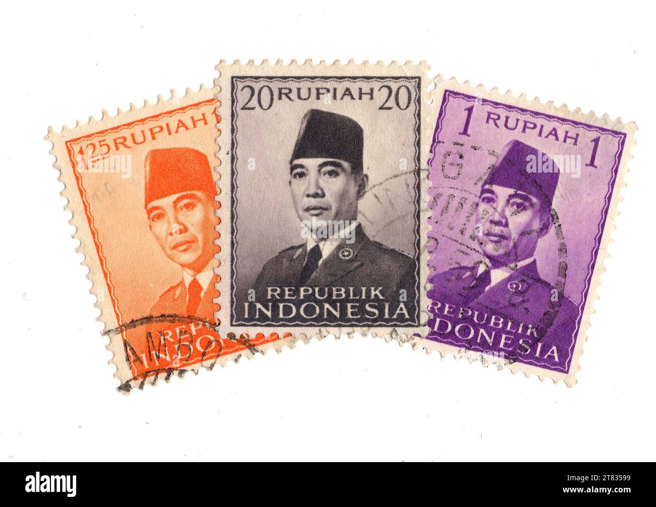 A set of vintage postage stamps from Indonesia featuring a portrait of ...