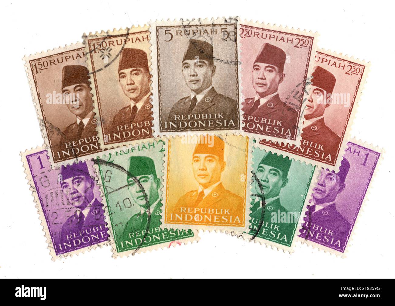 A set of vintage postage stamps from Indonesia featuring a portrait of ...