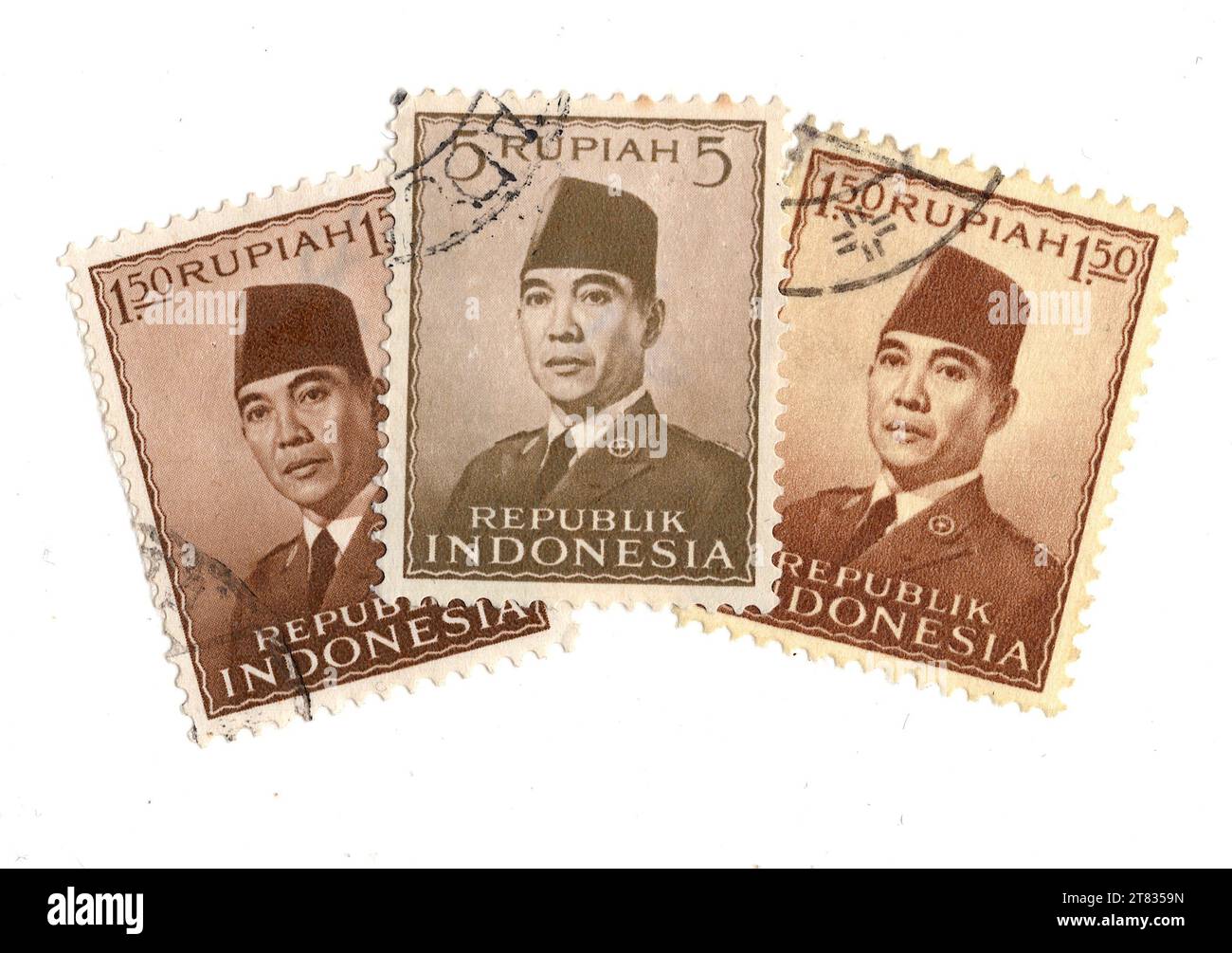 A set of vintage postage stamps from Indonesia featuring a portrait of ...