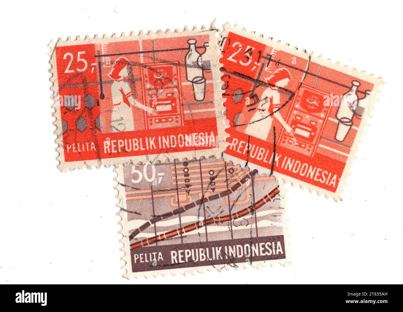 A montage of vintage postage stamps from Indonesia on a white ...