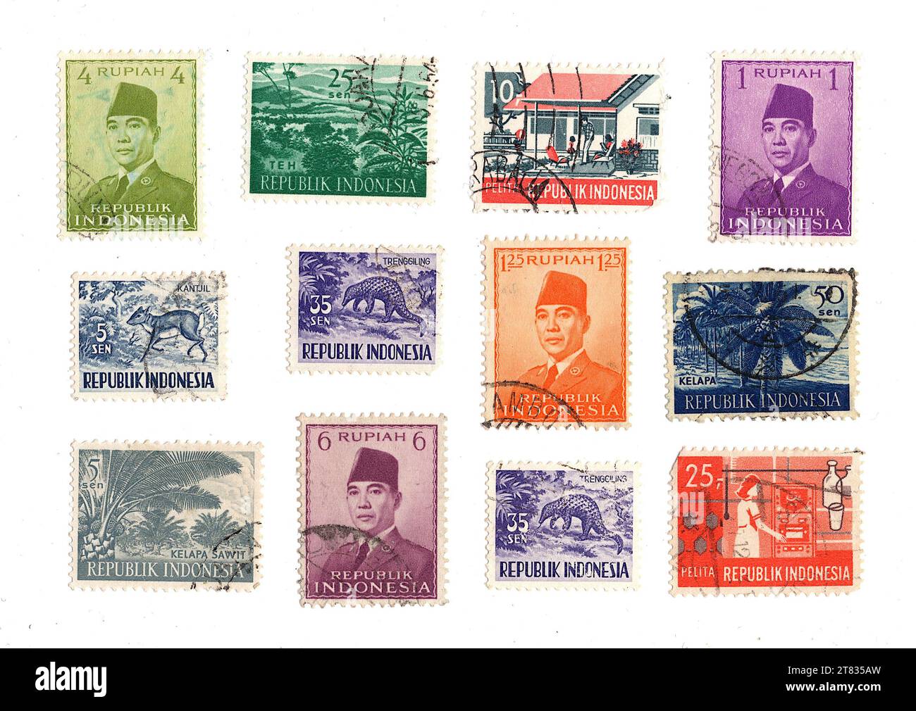 A montage of vintage postage stamps from Indonesia on a white ...