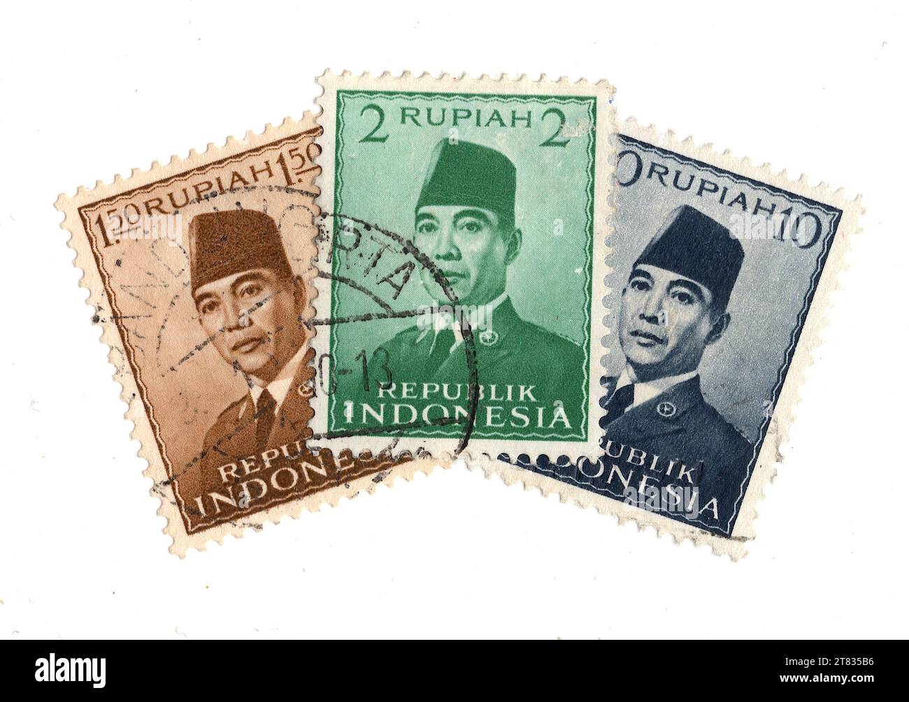 A set of vintage postage stamps from Indonesia featuring a portrait of ...