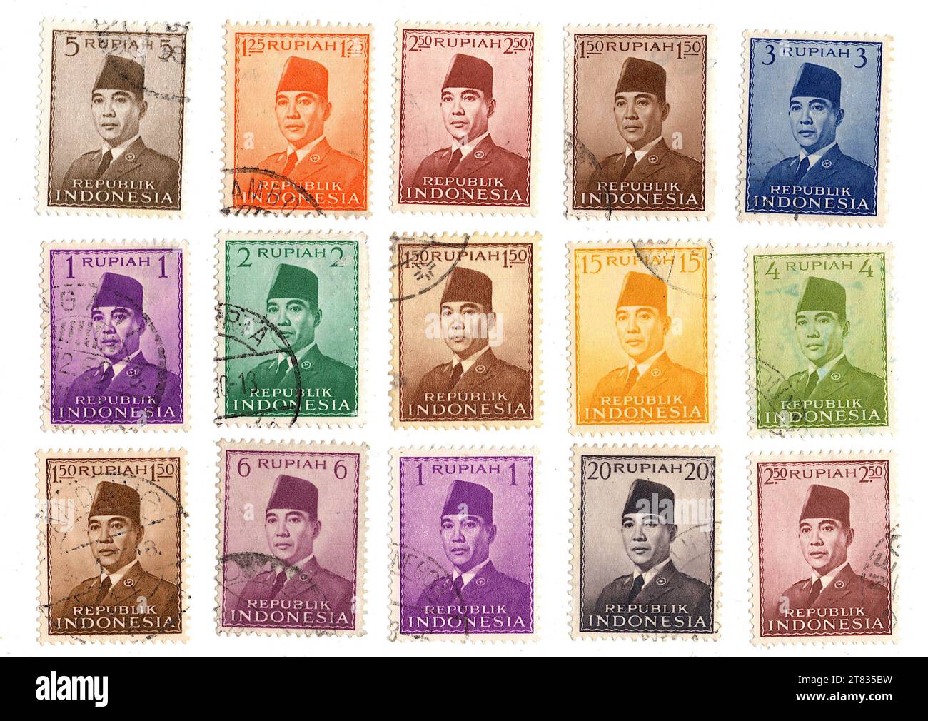 A set of vintage postage stamps from Indonesia featuring a portrait of ...