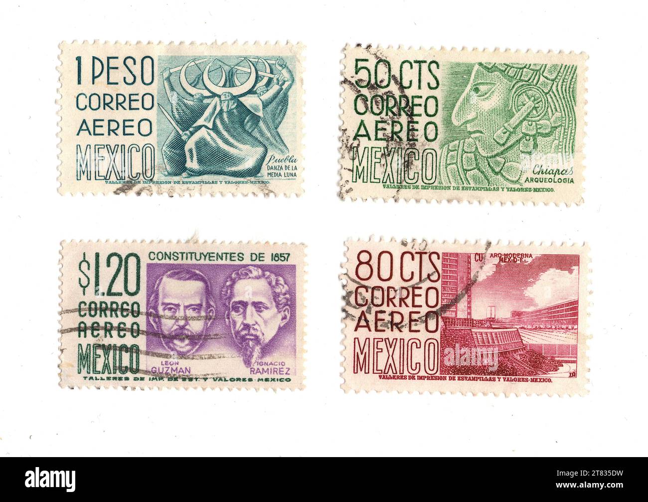 A montage of vintage postage stamps from Mexico on a white background ...