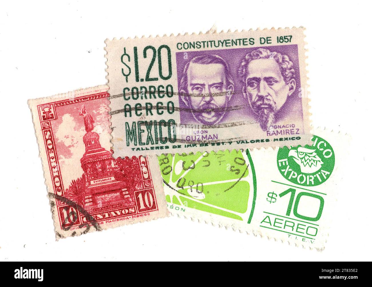 A montage of vintage postage stamps from Mexico on a white background ...